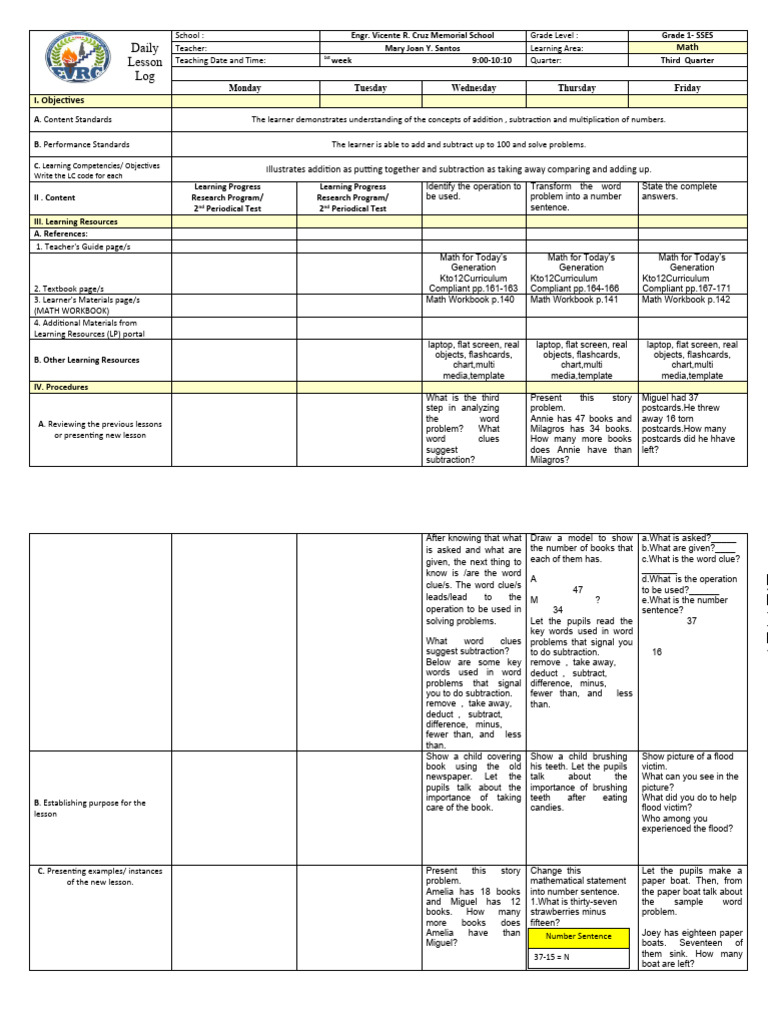 Evrc Grade One Math Dll 1stweek3rdquarter | PDF | Mathematics | Learning