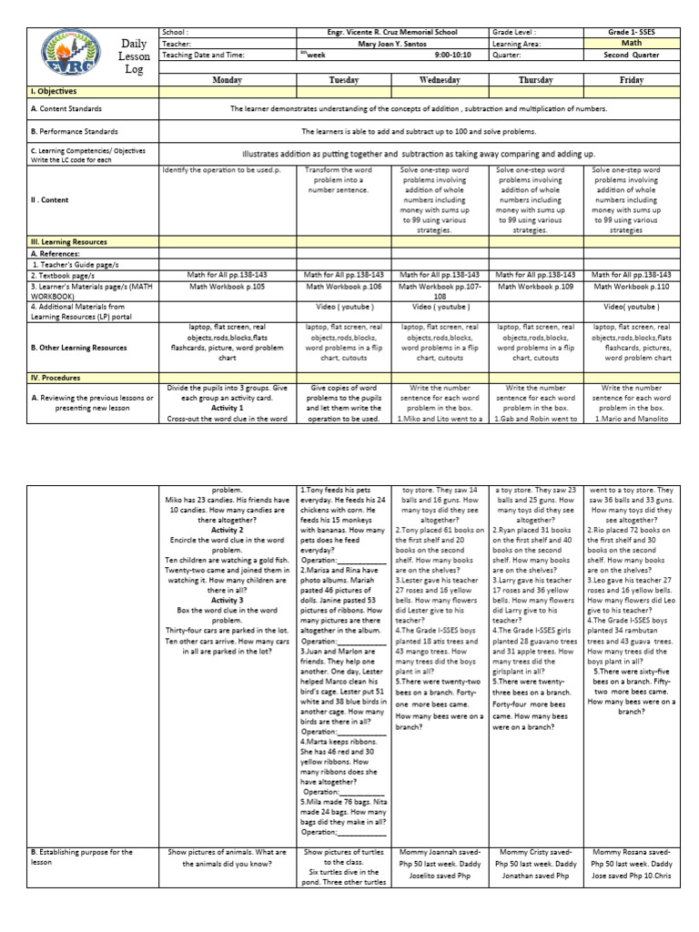 Evrc Grade One-math Dll-5thweek2ndquarter | PDF | Mathematics | Learning