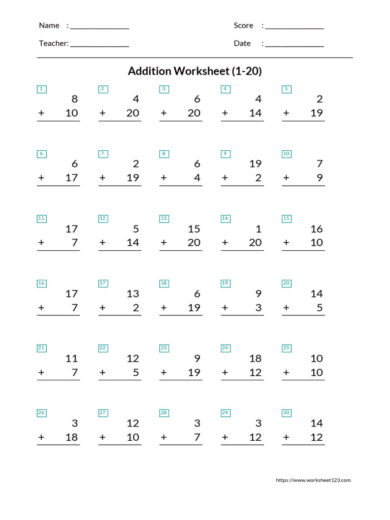 Addition Worksheet Number 1-20 | PDF