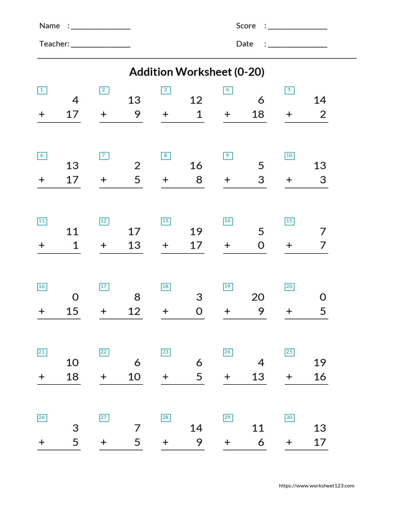 Addition Worksheets for 0-20 | PDF