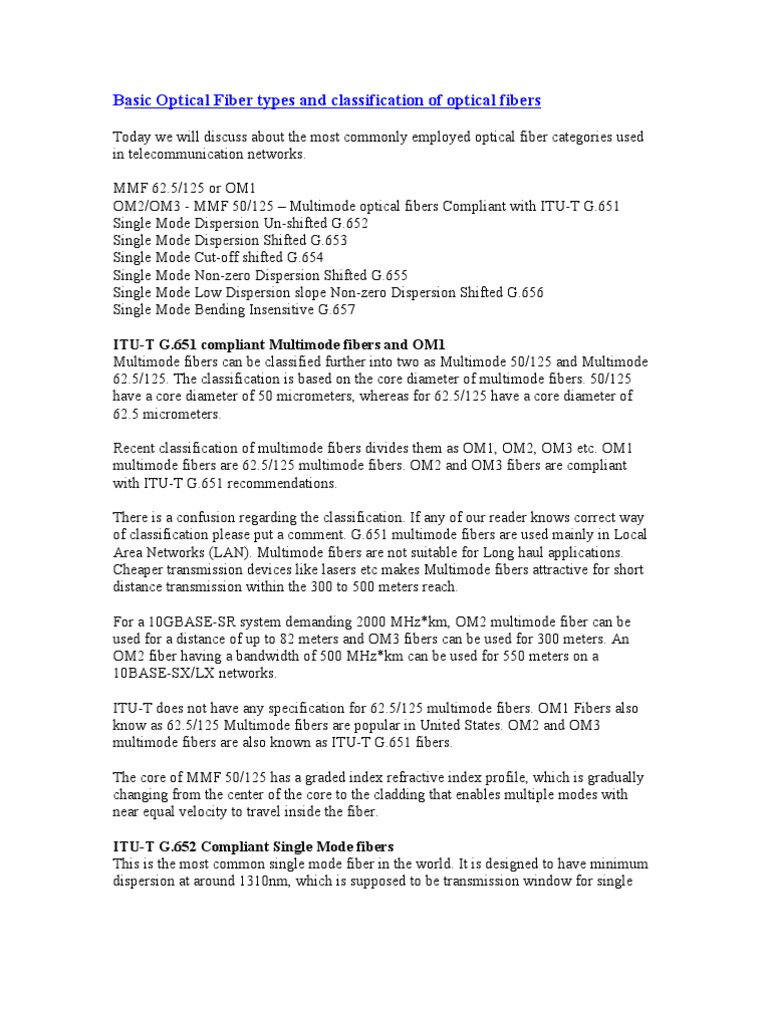 Basic Optical Fiber Types and Classification of Optical Fibers | PDF