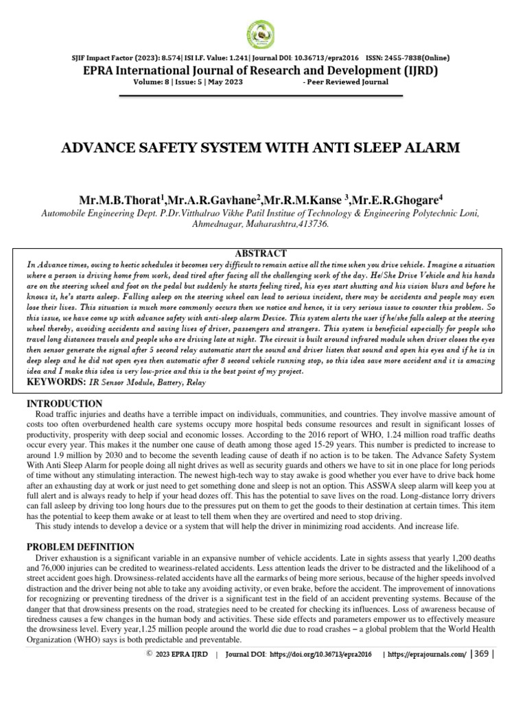 Advance Safety System With Anti Sleep Alarm: EPRA International Journal of Research and ...