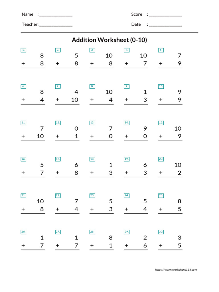 Addition Worksheet Number 0-10 | PDF