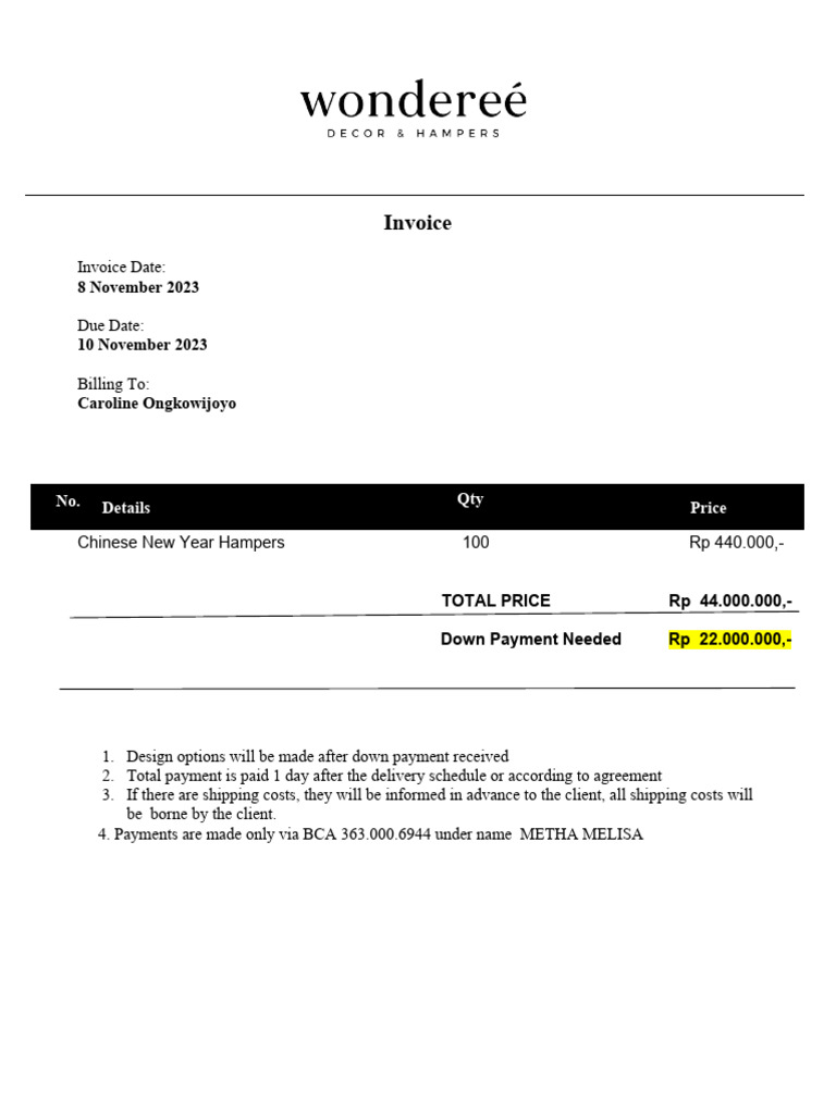 Invoice Caroline Chinese New Year | PDF