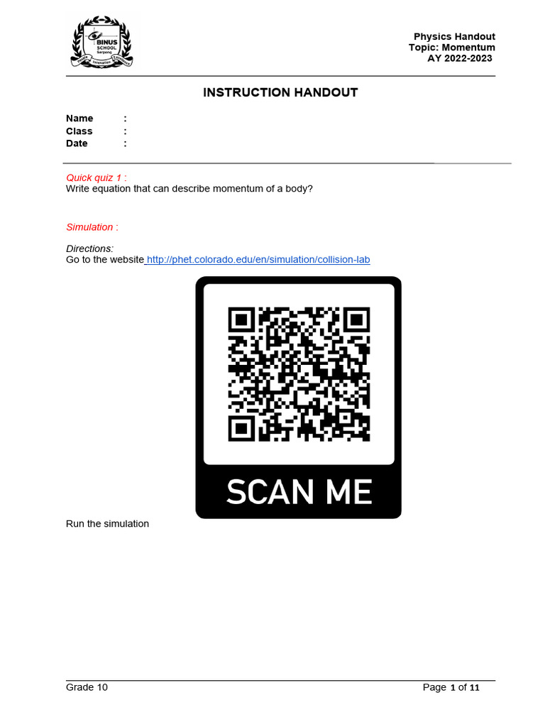 Grade 10 - Physics - HO#2 - Momentum | PDF | Collision | Momentum