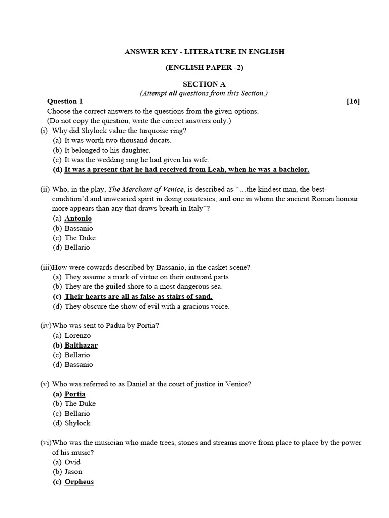 Answer Key - KISA English Literature Paper | PDF | Art