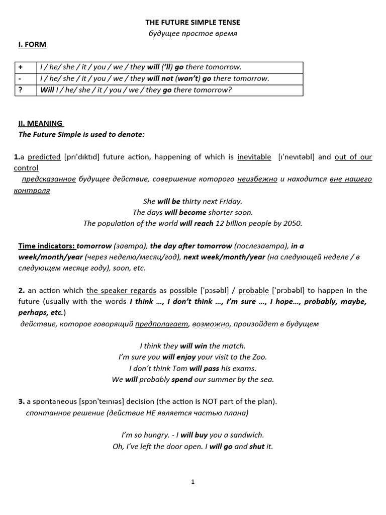 Future Simple Tense Overview and Exercises | PDF | Linguistic ...