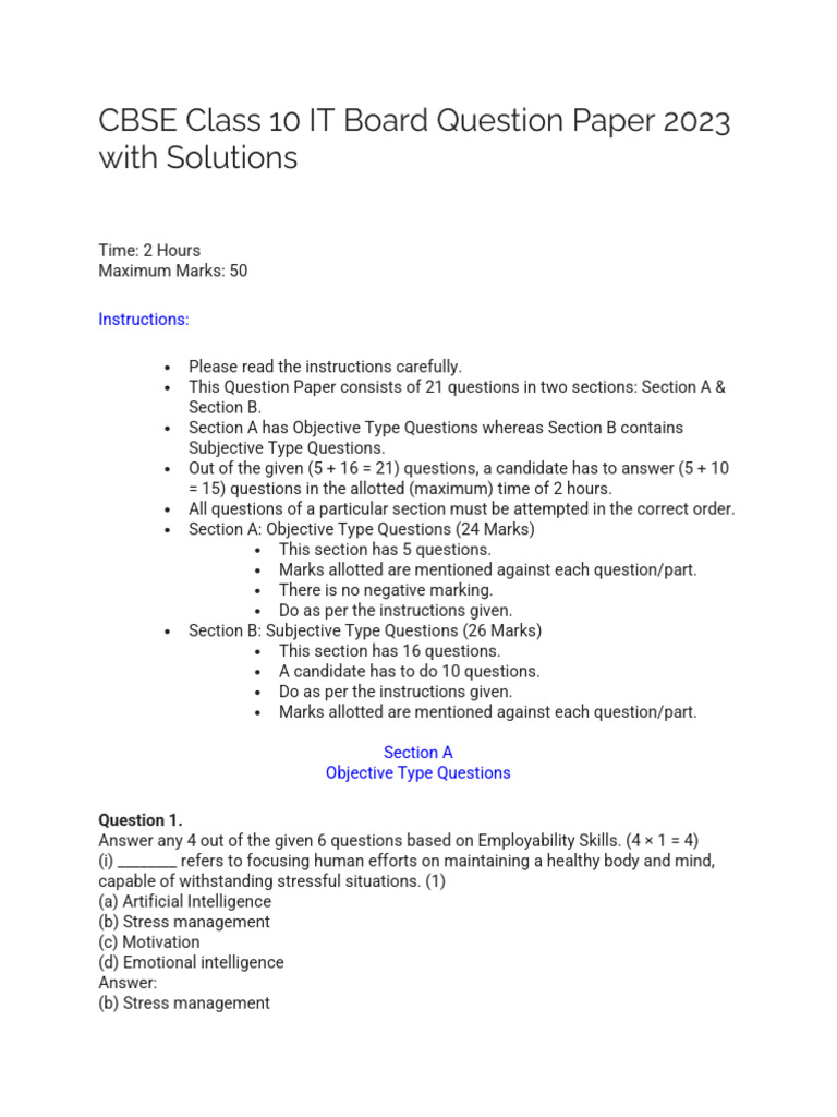 CBSE Class 10 IT Board Question Paper 2023 With Solutions | PDF | Sql ...