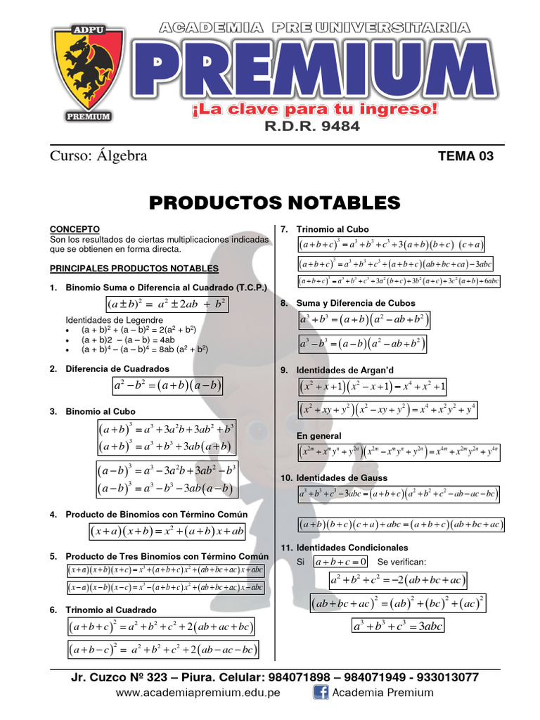 Tema 03 de Algebra - Productos Notables | Descargar gratis PDF ...