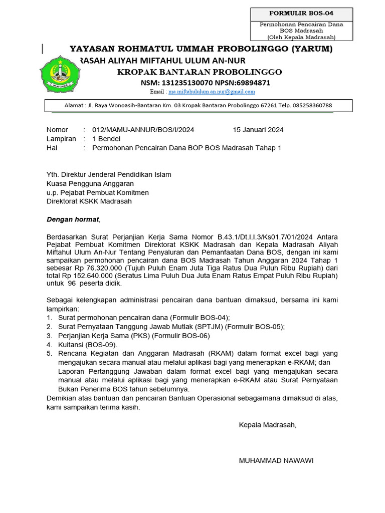 Surat Permohonan Bos 2024 | PDF
