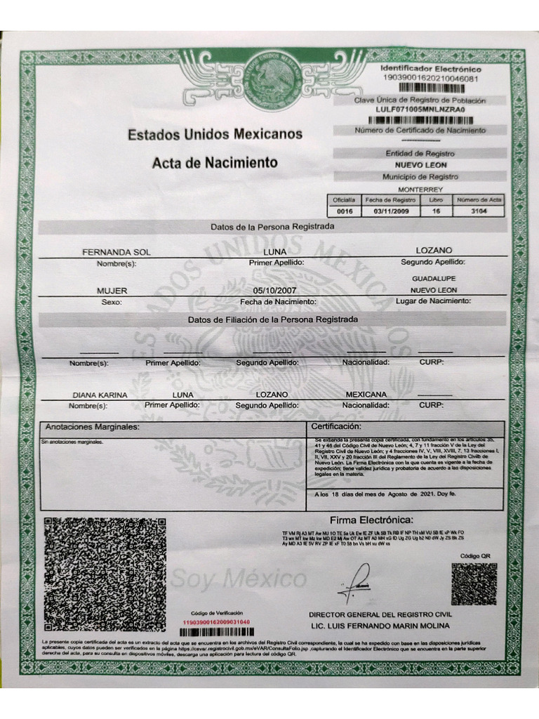 Acta de Nacimiento Fernanda Sol Luna Lozano | PDF