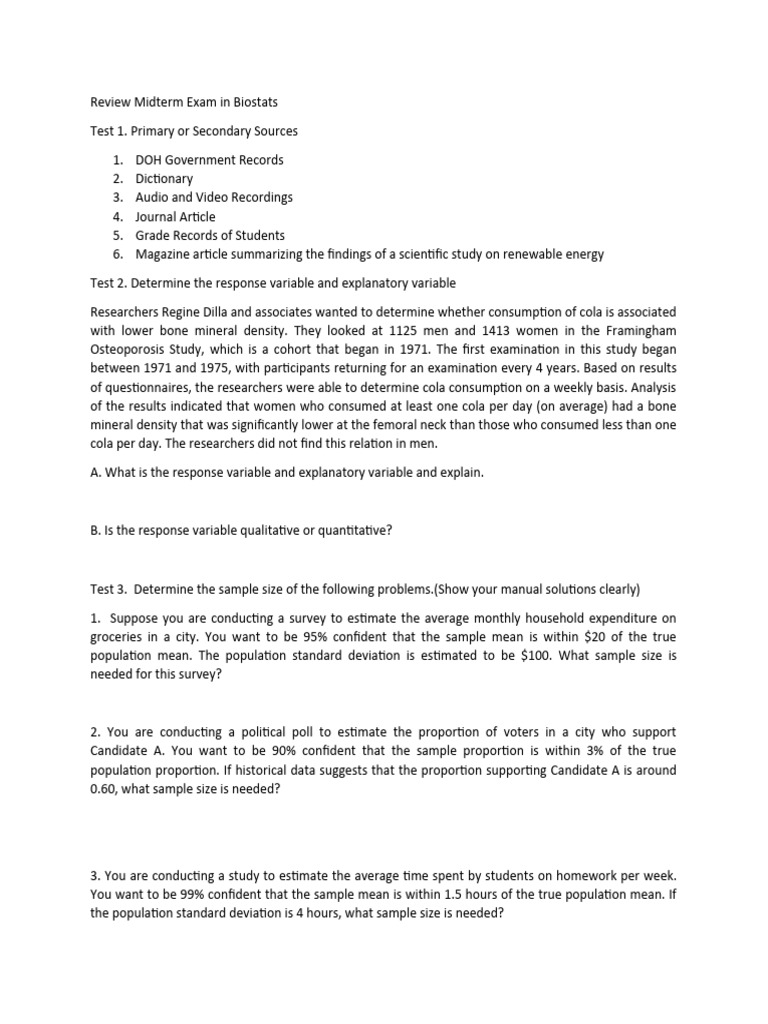 Review Midterm Exam in Biostats | PDF | Sample Size Determination | Sampling (Statistics)