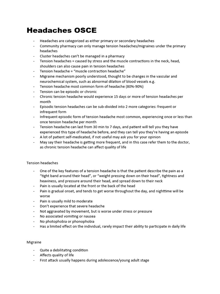 Headaches OSCE | PDF | Headache | Migraine