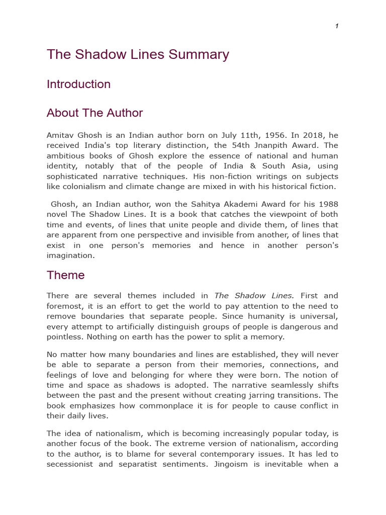 The Shadow Lines Summary | PDF | Narration