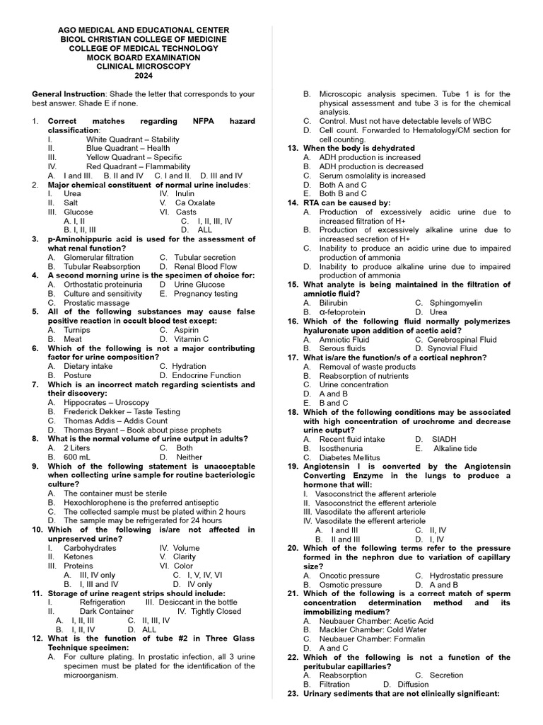 Clinical Microscopy - Mocks Questionnaire | PDF | Urine | Meningitis Clinical Microscopy - Mocks Questionnaire | PDF | Urine | Meningitis