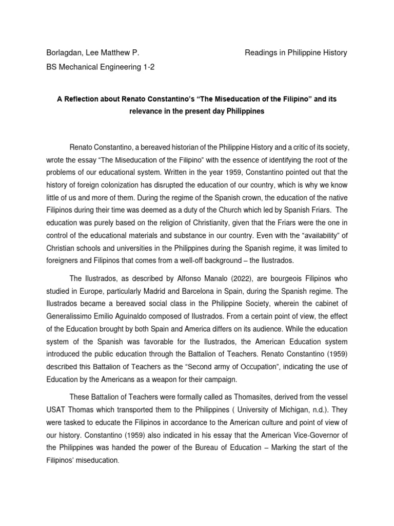 A Reflection About Renato Constantino's the Miseducation of the Filipino and Its Relevance in ...