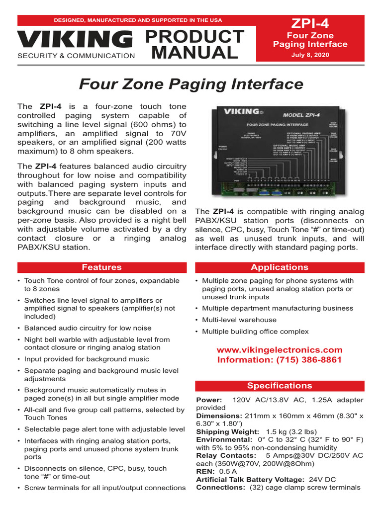 ZPI-4 Paging Interface, 4 Zones | PDF | Amplifier | Loudspeaker