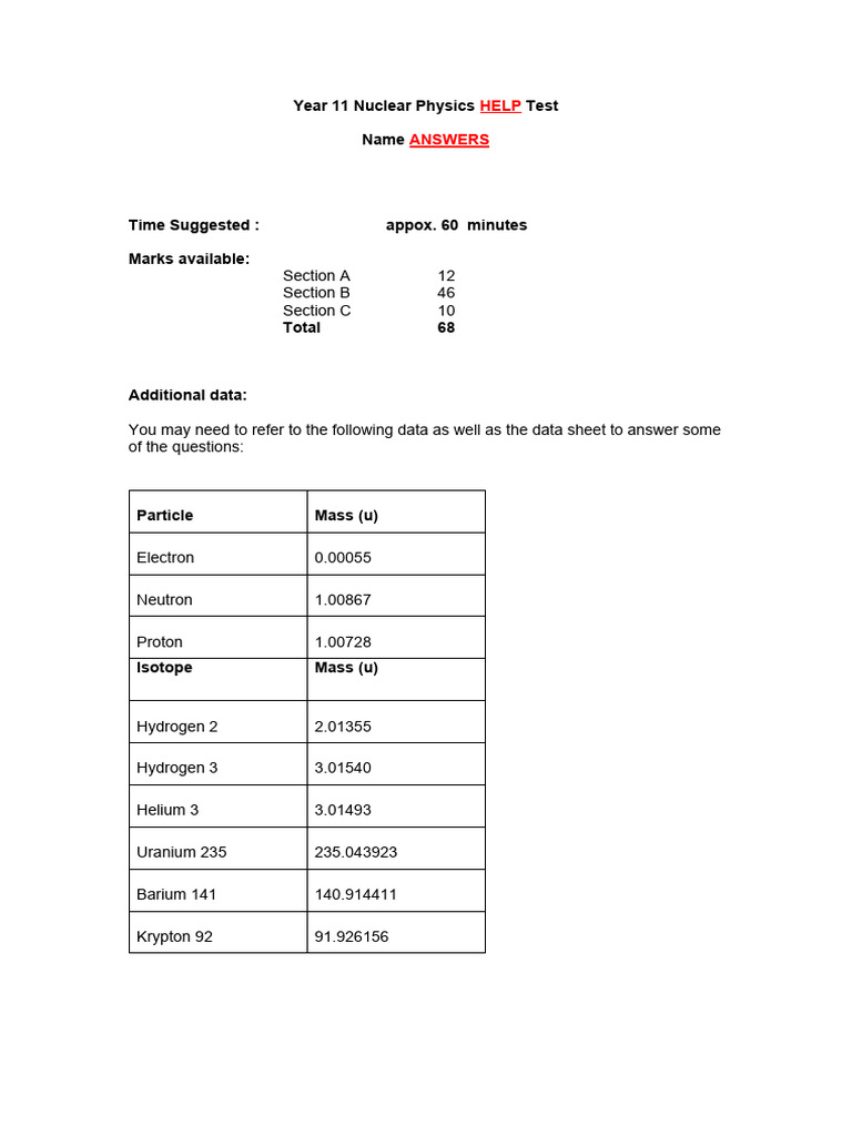 Year 11 Nuclear Physics Test Answers | PDF | Radioactive Decay ...