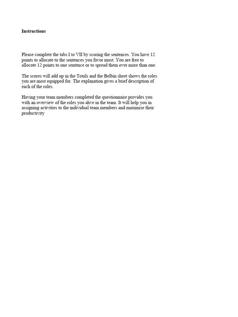 Belbin Team Role Assessment Guide | PDF | Human Communication | Methodology