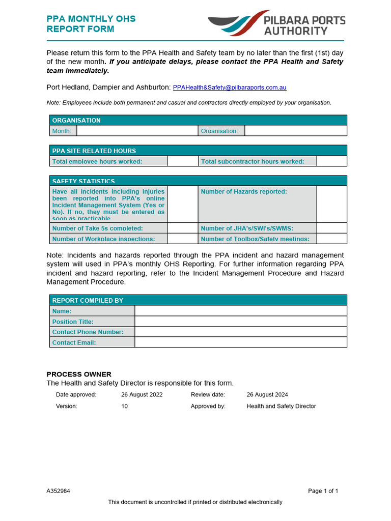 PPA Monthly OHS Report Form | PDF