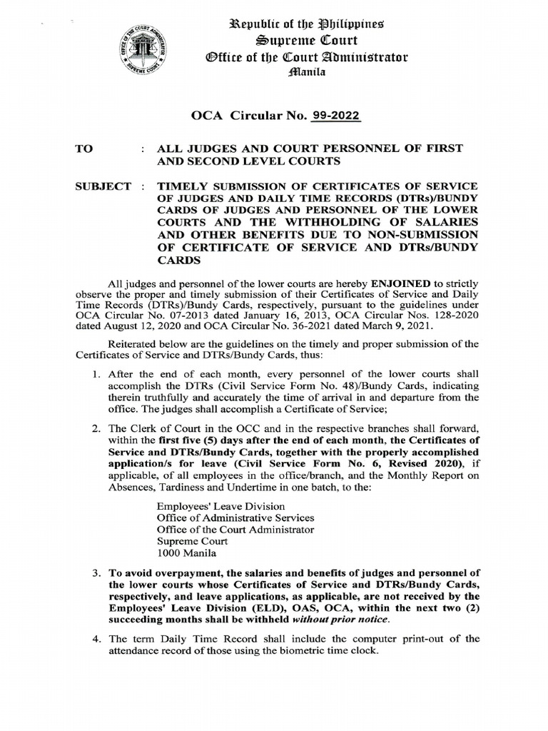 OCA-Circular-No.-99-2022 DTR | PDF
