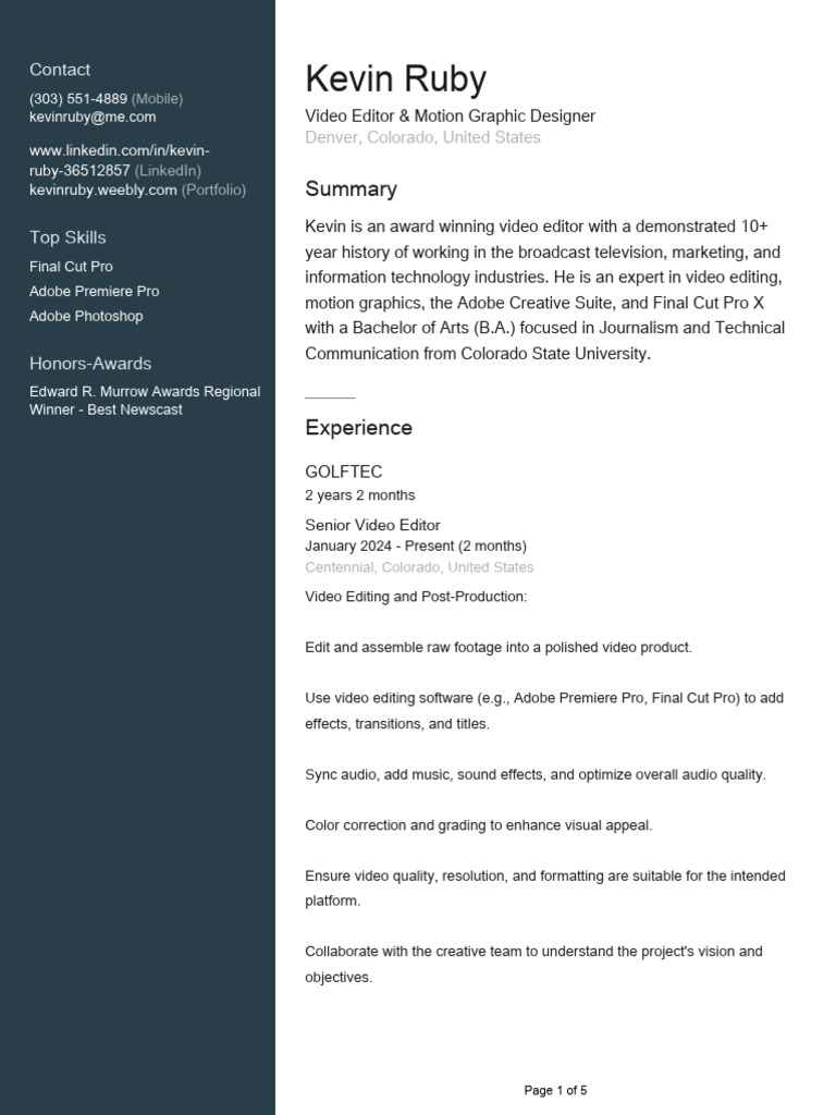 Resume-Kevin Ruby | PDF | Video | Editing