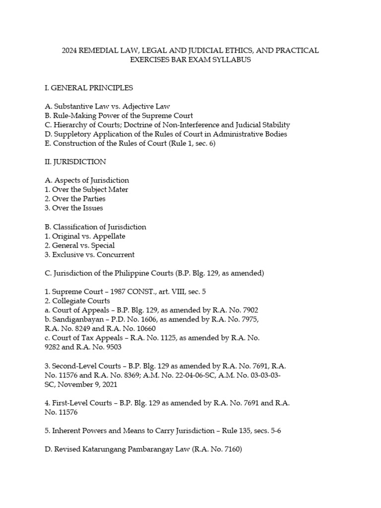 2024 Bar Exam Remedial Law Syllabus | PDF | Evidence (Law) | Lawyer
