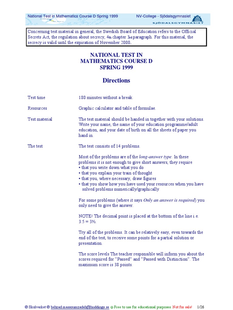 Directions: National Test in Mathematics Course D SPRING 1999 | PDF