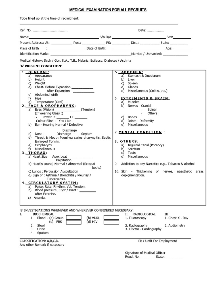Pre-Employment Medical Examination Form | PDF | Heart | Abdomen