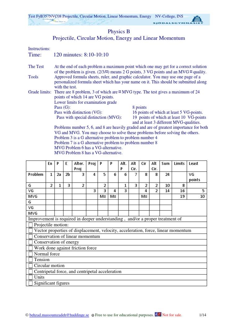 Physics B Projectile, Circular Motion, Energy and Linear Momentum | PDF ...
