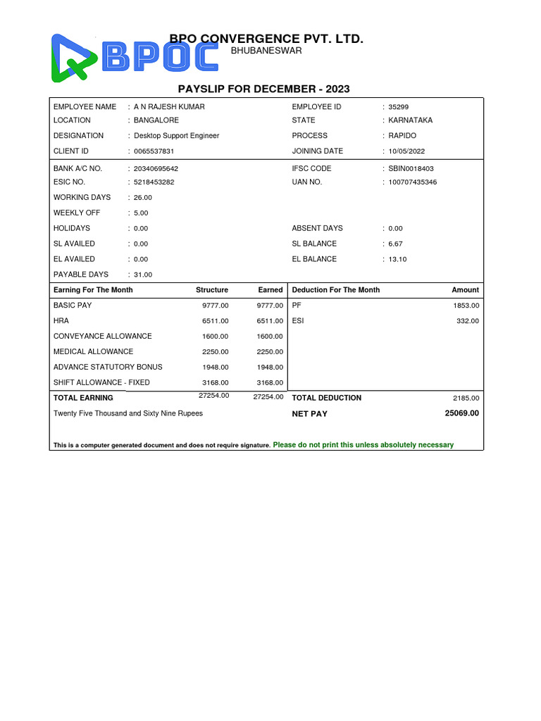 A n Rajesh Kumar Payslip for December - 2023 | PDF A n Rajesh Kumar Payslip for December - 2023 | PDF