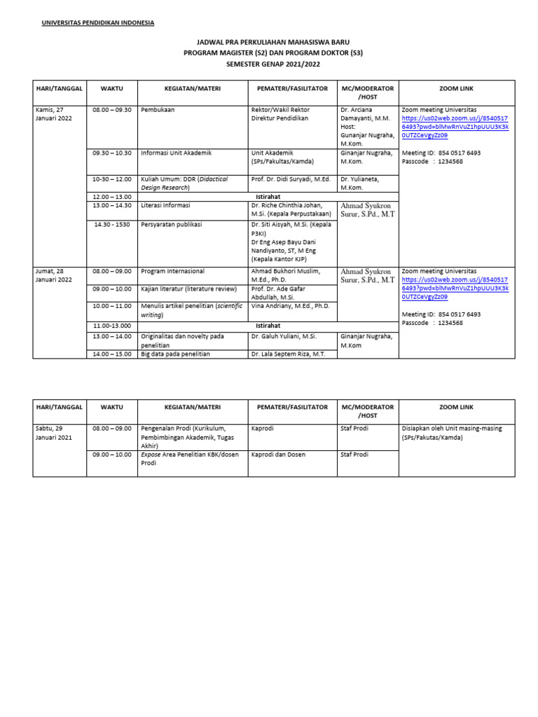 Jadwal Pra Perkuliahan - 2022 - Revisi 24 Januari 2022 FIX | PDF