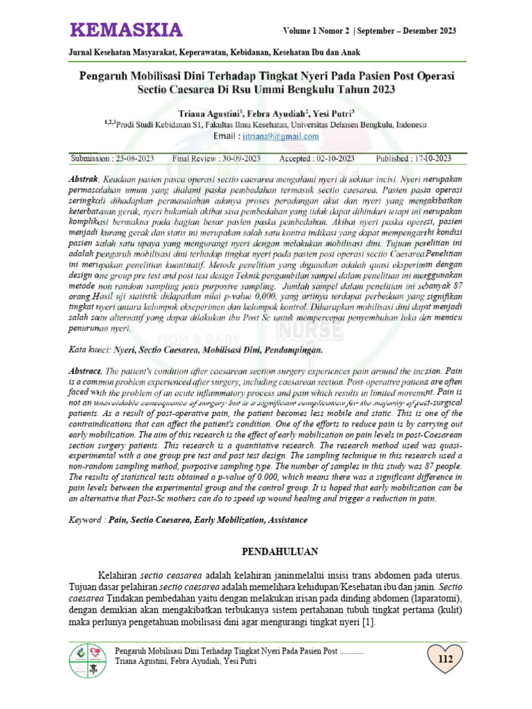 Pengaruh Mobilisasi Dini Terhadap Tingkat Nyeri Pada Pasien Post ...