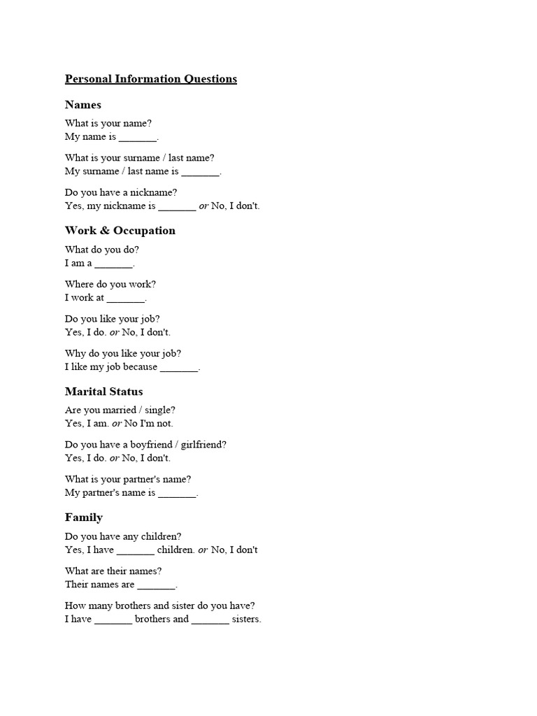 Beginner Personal Information Questions | PDF