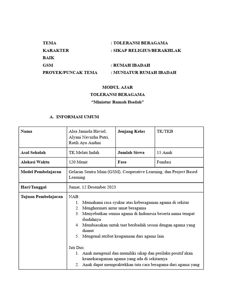 Modul Ajar TEMA RUMAH IBADAH PAUD | PDF
