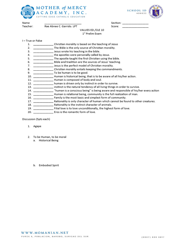 GMRC-VE-CLE 10 1st Final Exam | PDF