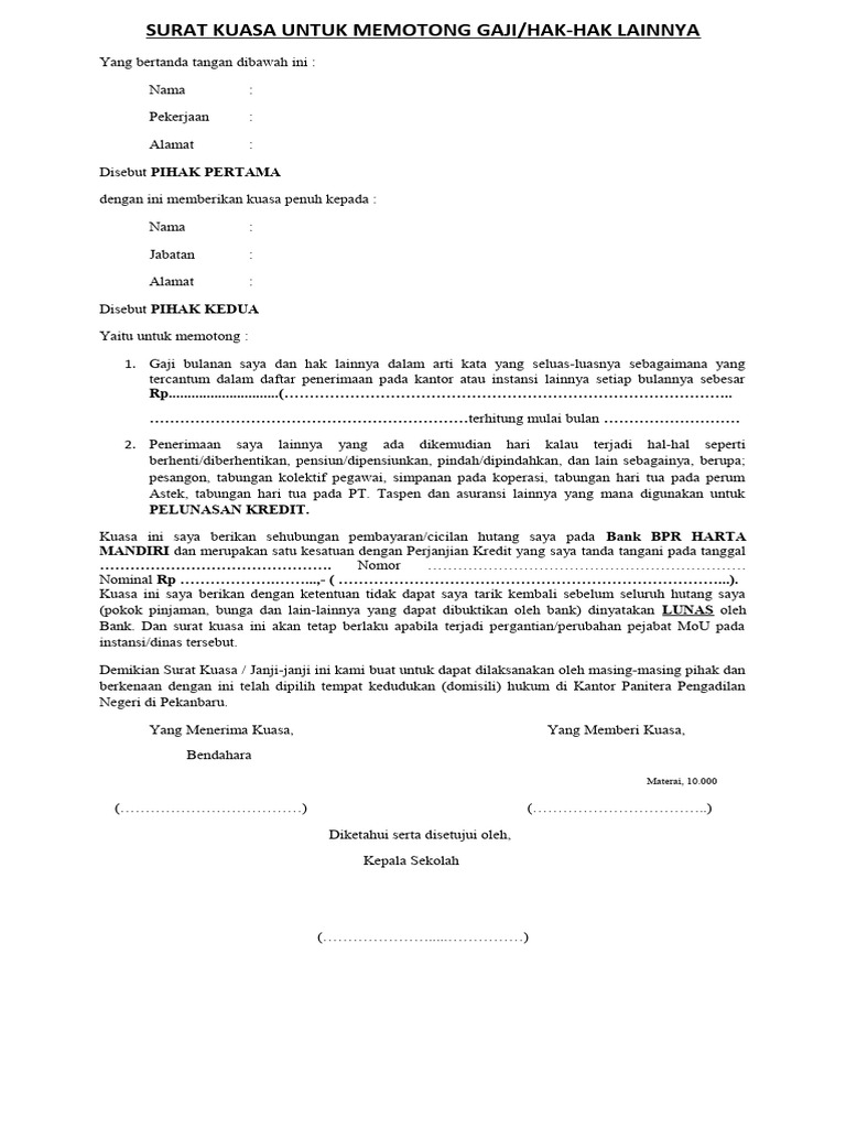 SURAT KUASA UNTUK MEMOTONG GAJI-1 | PDF SURAT KUASA UNTUK MEMOTONG GAJI-1 | PDF