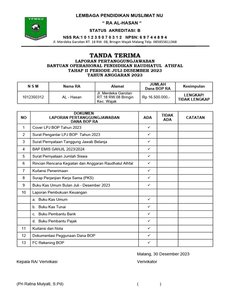 Lembar Verivikasi LPJ Bop Ra Tahun 2023 | PDF