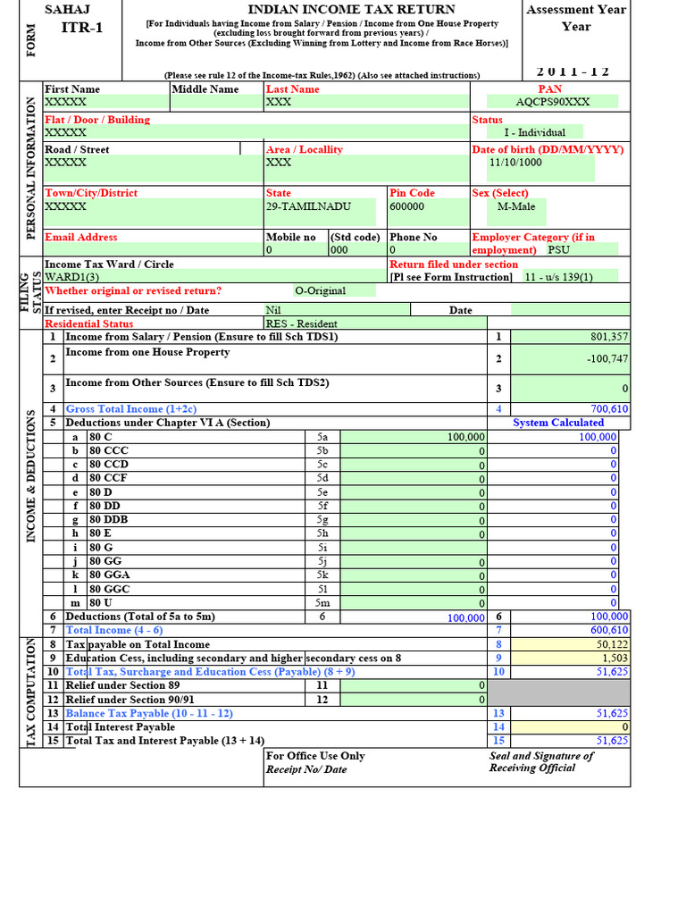 Income Tax Return Form-1 Sahaj - Excel Format | PDF | Microsoft Excel | Xml