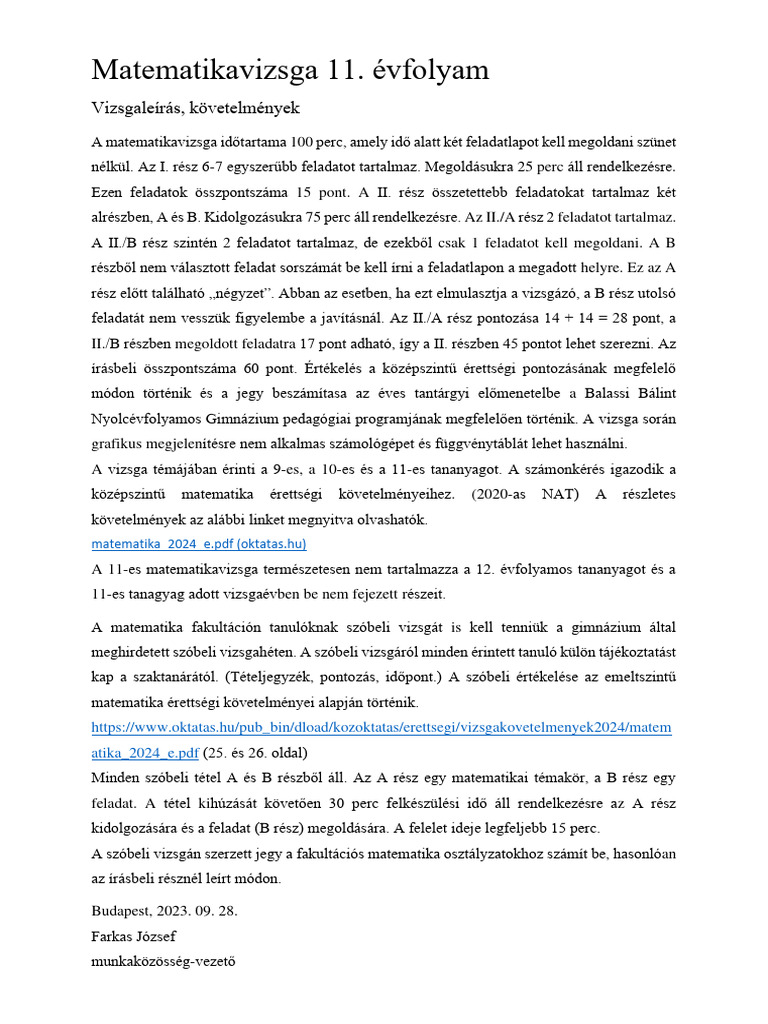 Matek Vizsga Leiras 11 Evf | PDF