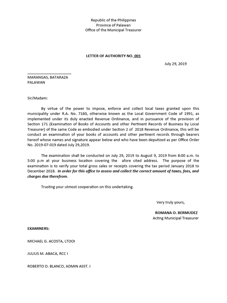 Letter of Authority | PDF | Receipt | Government