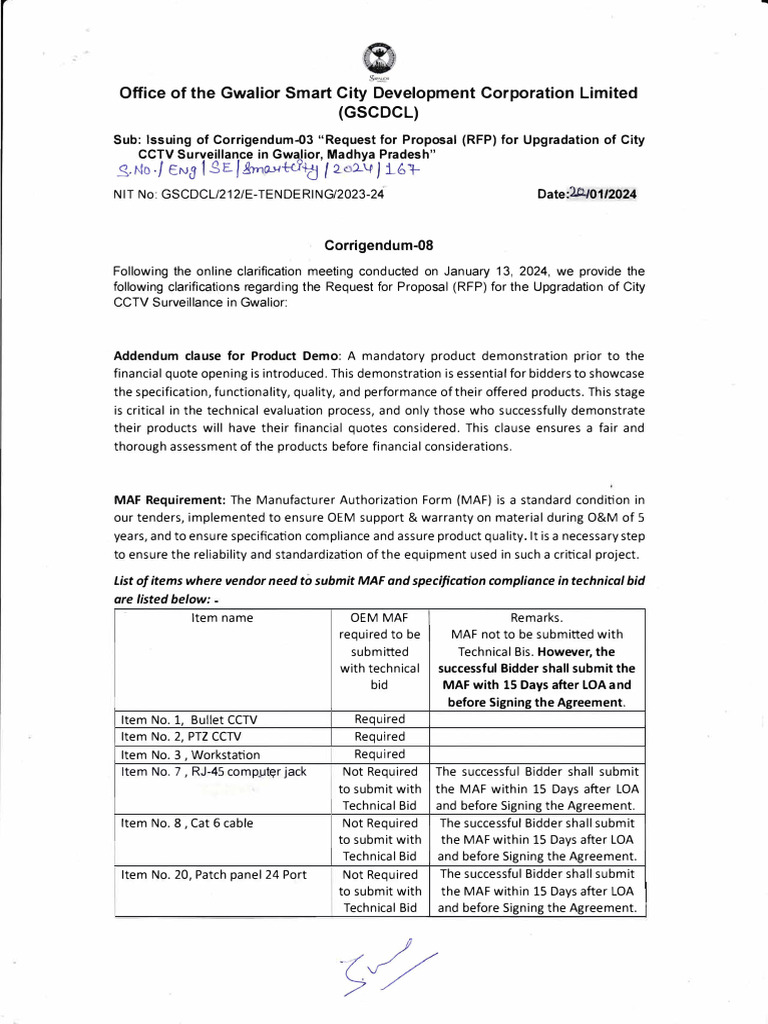 Corrigendum-08 Gwalior Smartcity CCTV Tender | PDF | Request For ...