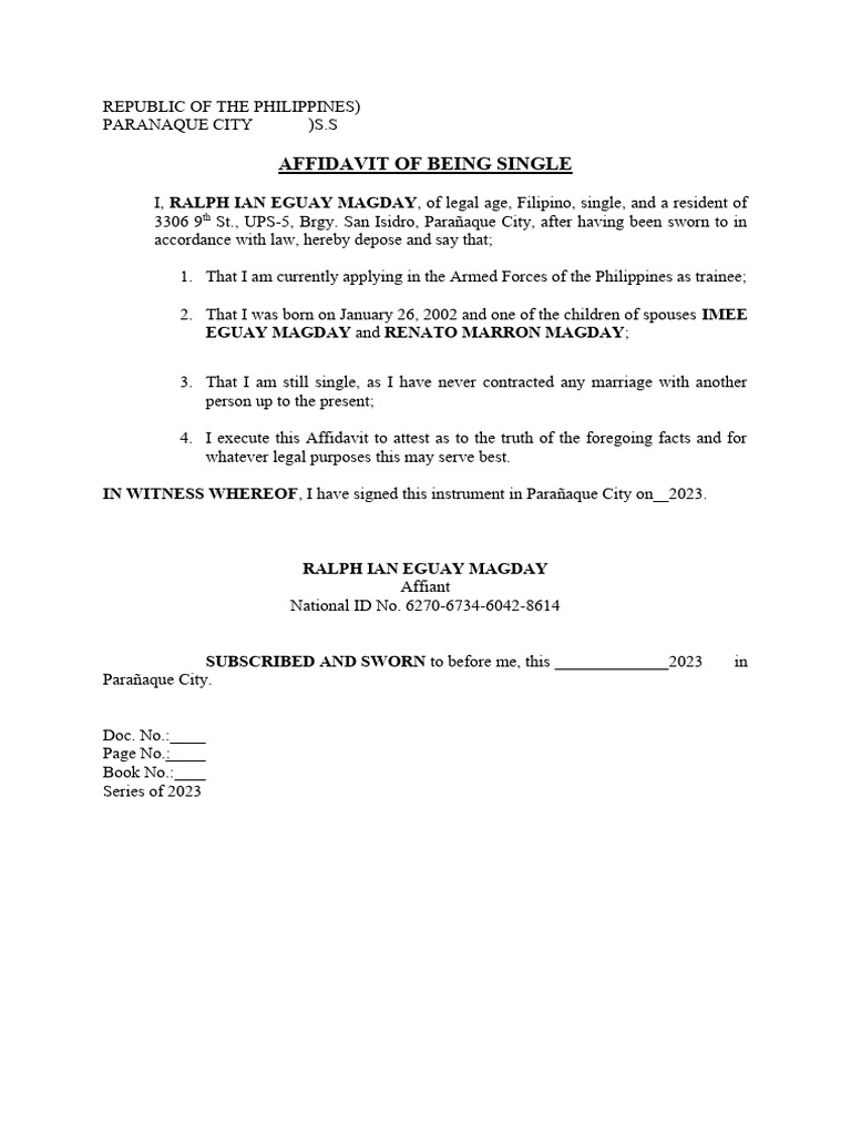 AFFIDAVIT OF BEING SINGLE | PDF