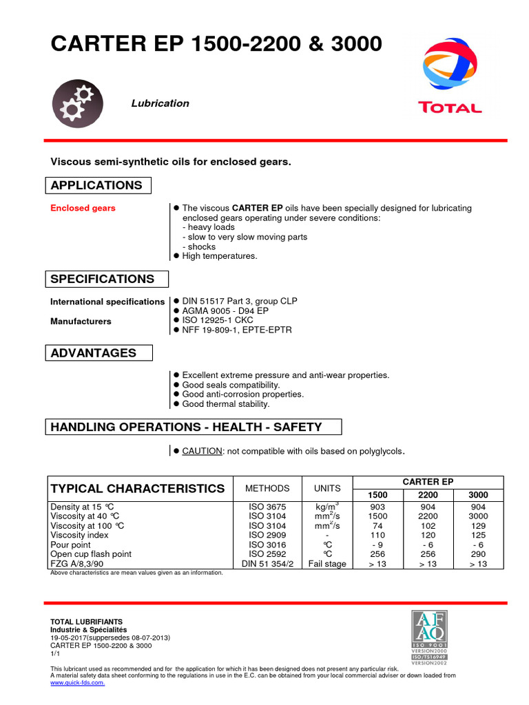 FT TOTAL CARTER EP 1500-2200-3000 (Anglais) | PDF | Viscosity | Lubricant