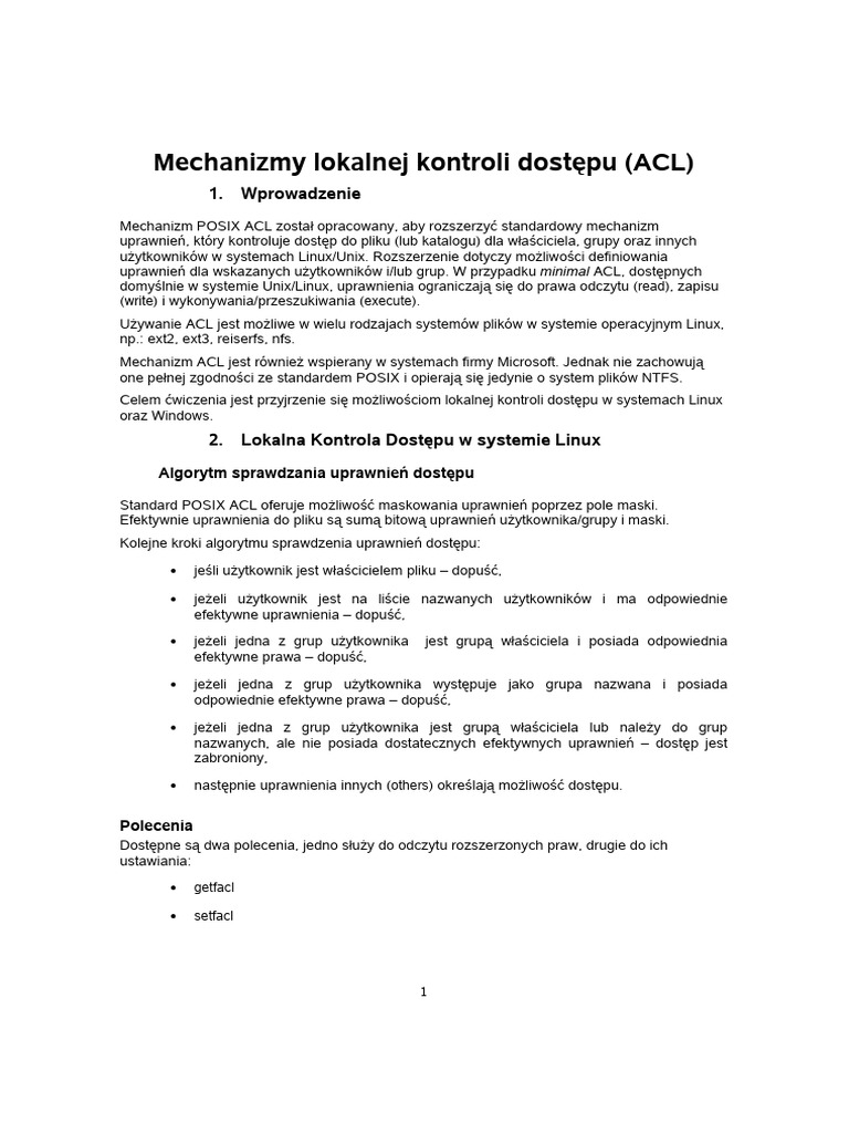 Mechanizmy Lokalnej Kontroli Dostępu (ACL) : 1. Wprowadzenie | PDF