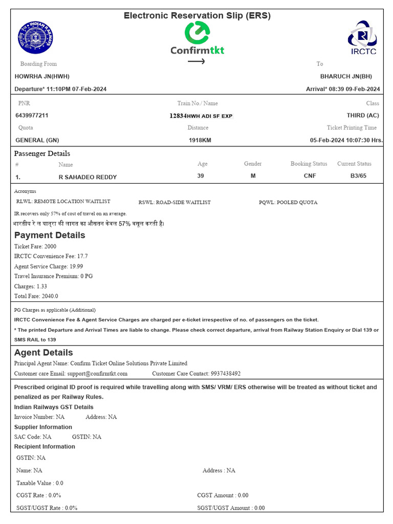 ERS for Train 12834 on Feb 7, 2024 | PDF | Identity Document