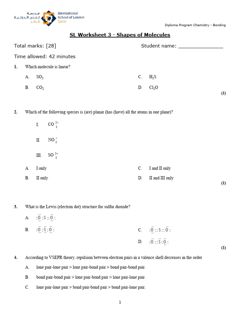 4.3 Worksheet 3 Shapes of Molecules QB | PDF | Chemical Bond ...