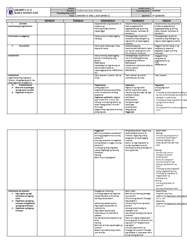 DLL - Filipino 4 - Q3 - W1 | PDF