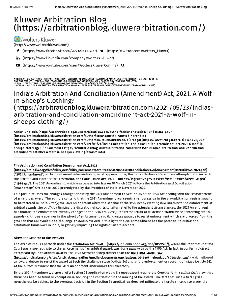 Amendment Act, 2021 A Wolf in Sheep's Clothing | PDF | Arbitration ...