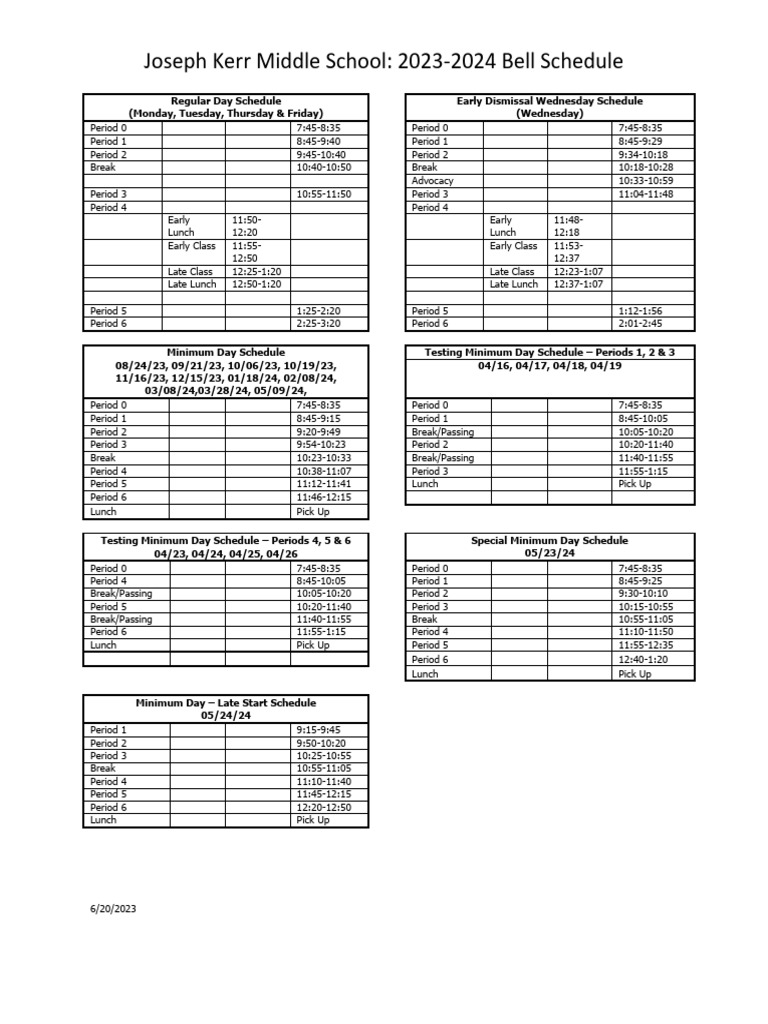 Joseph Kerr Middle School Bell Schedule | PDF